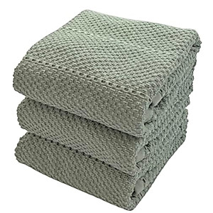 Sage Green Kitchen Dish Towels: 100% Cotton Cloth Soft Cleaning Drying Absorbent Textured Terry Loop, Set of 3 Multipurpose for Everyday Use