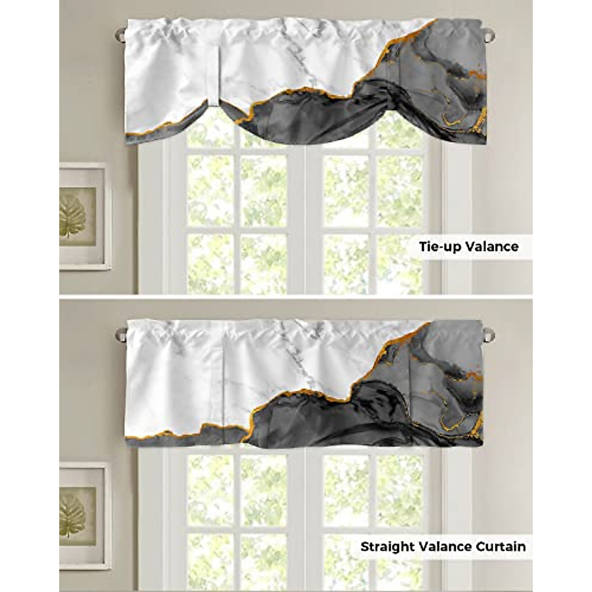 White Black Marble Tie Up Valance for Kitchen Windows, Adjustable Window Valance Kitchen Curtains Window Topper Short Curtain for Living Room, Abstract Gold Liquid Modern Art Rod Pocket Drape 42"x12"