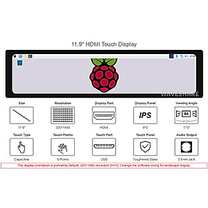 waveshare 11.9inch HDMI LCD 320×1480, IPS Display Capacitive Touch Screen LCD, for Raspberry Pi 4B/3B+/3B/2B/Zero W/Zero 2 W/Zero 2 WH/Jetson Nano/PC/Windows 11/10 / 8.1/8 / 7
