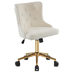 VINGLI White Teddy Fleece Armless Office Desk Chair with Gold Base/Wheels, Cute Vanity/Makeup Chair with Back for Bedroom, Upholstered Adjustable Rolling Swivel Nail Chair for Women/Girls