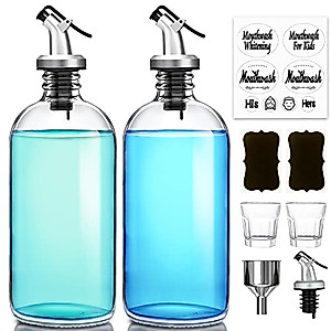 GMISUN Mouthwash Dispenser, 2 Pack 16oz Glass Mouthwash Decanter for Bathroom, 2 Refillable Mouthwash Bottles Container, 3 Pour Spouts, 2 Reusable Mouthwash Cups, Preprinted Labels and Funnel