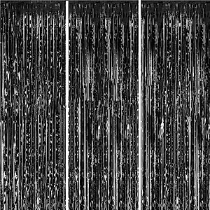 3 Packs 3.2ft x 6.6ft Black Metallic Tinsel Foil Fringe Curtains Photo Booth Props for Birthday Wedding Engagement Bridal Shower Baby Shower Bachelorette Holiday Celebration Party Decorations