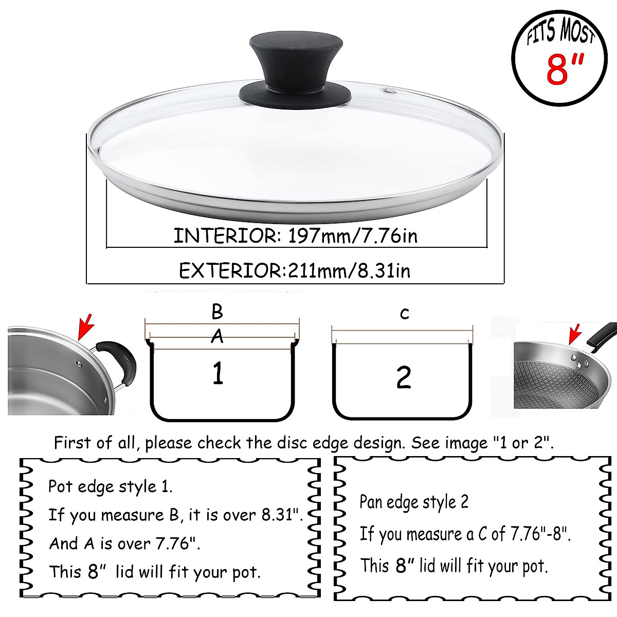 HEVSTIL Universal Lid for Pots, Pans and Skillets,8inch /21cm Clear Glass Pot Lid with Heat Resistant Silicone Handle Glass Replacement Lid for Frying Pan, Frying Pans,Pan Lid, Cast Iron, CrockPot