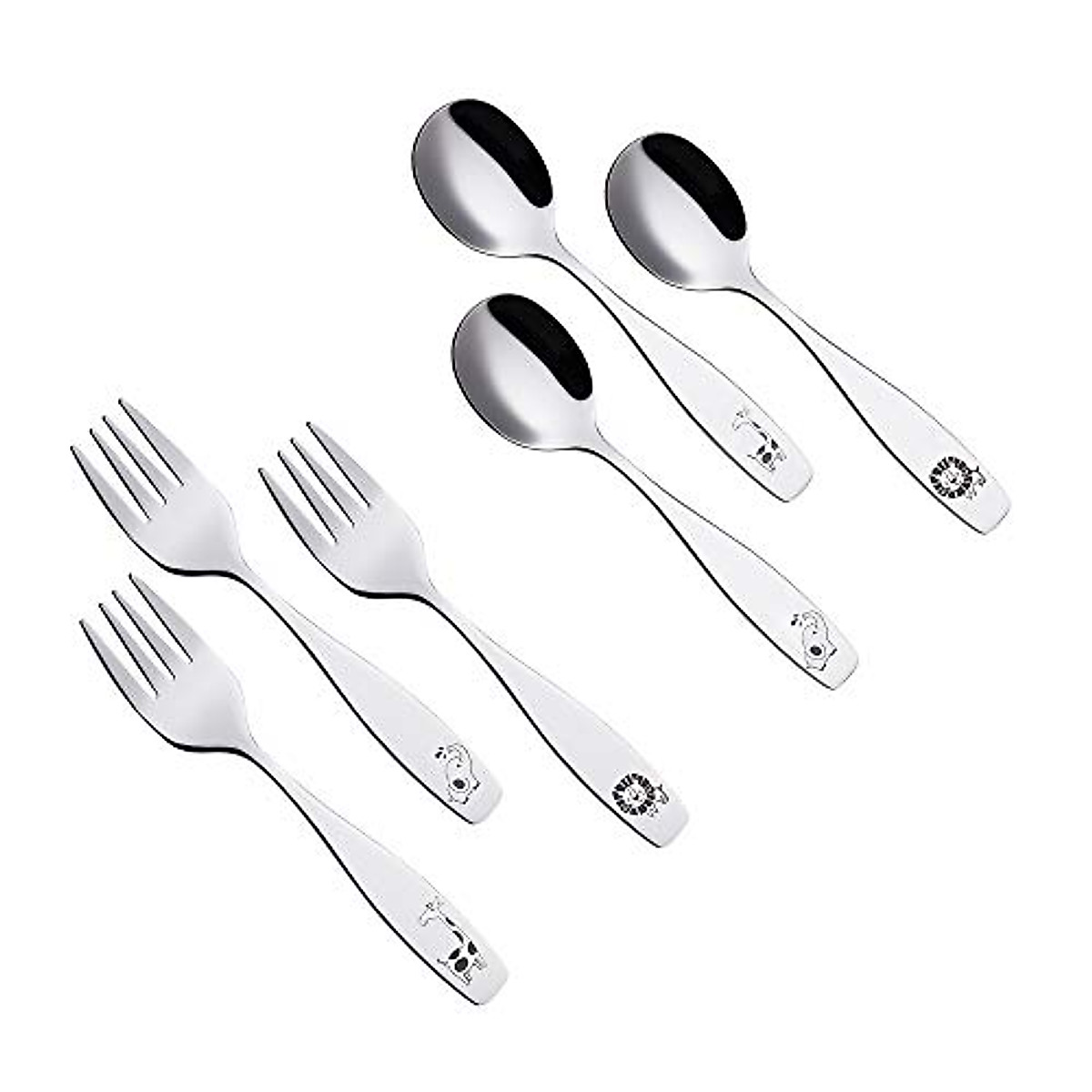 ANNOVA Kids Silverware 6 Pieces Children's Safe Flatware Set Stainless Steel - 3 x Children Forks, 3 x Dinner Spoon, Toddler Utensils, for Lunchbox (Safari Animals Etched Elephant, Giraffe, Lion)