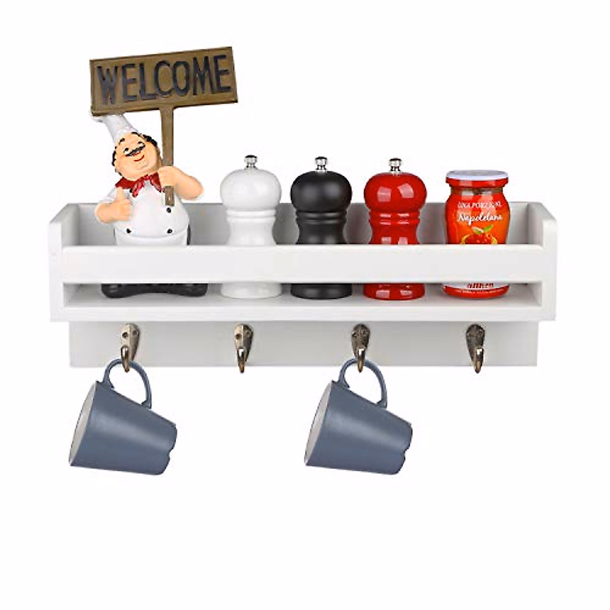 Halcent Wall Mounted Coat Rack Floating Wall Shelf, Wood Coat Hook Rack Entryway Organizer with 4 Key Holder Hooks for Magazine Letter Mail Holder