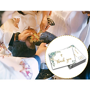 Eyouyeqi Baptism Thank You Post Cards, Greenery Baby Shower Thank You Card, Gold Foil 1st Communion Religious Christening Ceremony Celebration, Gender Reveal Party Decorations - A03(25 Pack)