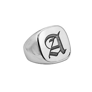 Elefezar 925 Sterling Silver Personalized Square Design Signet Ring Custom Gothic Old English Initial Ring Silver