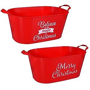 LSM Christmas Sentiment Oval Buckets, Plastic Basket with Handles Decorative Storage Drink Cooler Party Beverages Candies Vegetable Toys Bucket for Kitchen & Cabinet Organizer Set of 2 with Oggetto