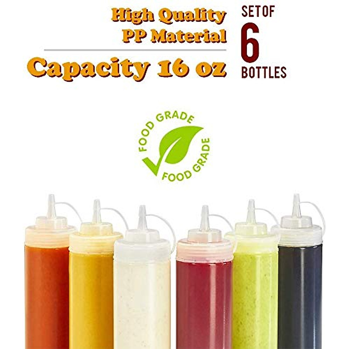 On Condiment Bottle, Set of 6 Plastic Squeeze Condiment Bottles for Mustard Dressing Ketchup BBQ Sauce Mayonnaise Syrup Honey Arts Crafts, 16 oz Condiments Squirt Bottle Leakproof Twist On Cap Lids