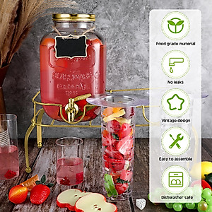 Lallisa 2 Pcs 2 Gallon Glass Drink Dispenser with Stand Ice Cylinder Hanging Chalkboard Signs 18/8 Stainless Steel Spigot Beverage Dispensers for Parties Mason Jar Drink Lemonade (Gold)