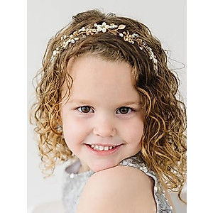 SWEETV Flower Girl Headpiece Pearl Gold Wedding Hair Accessories for Girls Flowers Headband Tiara for Birthday,party