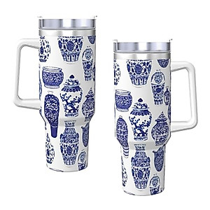 Xiexide 40oz Fits Cup Holder Sports Blue And White Porcelain Chinese Style Chinoiserie Antique Double Walled Vacuum Insulatedith Handle And Straw,Hot & Cold Drinks