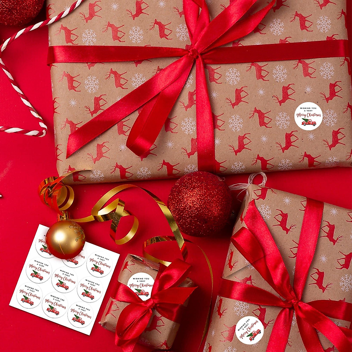 Mobiusea Creation Merry Christmas Stickers | Envelope Seals | 1.4 inch | Red Truck Labels | Waterproof | 90-Pack for Christmas Gifts, Holiday Stickers for Envelopes, Holiday Cards