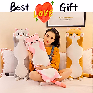 Handytoolinc Soft Cat Plush Pillow Long Stuffed Animals Sleeping Pillow Cotton Kitten Pillow Cute Long Body Pillow Gift for Kids Girlfriend (19.7inch/50cm,Pink)