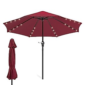 Magshion 9FT Solar Patio Umbrella with 32 LED Lights, Outdoor Market Umbrella with 8 Steel Ribs & Crank Lift, Windproof Sunshade for Garden, Deck, Backyard & Pool (Burgundy)