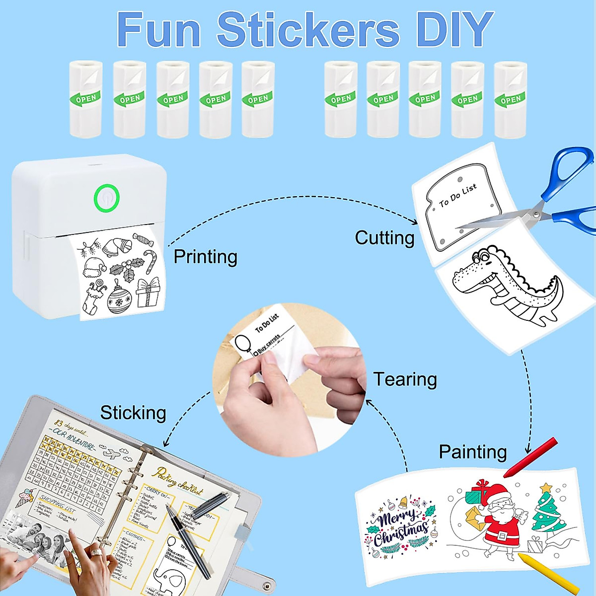 Vicbear Mini Sticker Printer, Sticker Maker Machine Printer with 10 Sticker Paper Rolls, Mini Printer Sticker Maker for Photos/Labels/Notes, Inkless Thermal Portable Printer for Phone/Tablet, White