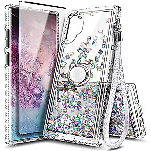 NGB Supremacy for Samsung Galaxy Note 10 Plus/Note 10 Plus 5G Case with Screen Protector (Maximum Coverage, Flexible TPU), Ring Holder/Wrist Strap, Glitter Liquid Cute Case (Clear Gem)