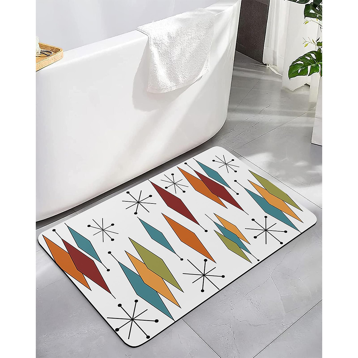 European Bath Mat for Bathroom Rugs Non Slip, Bath Mat Quick Dry Absorbent Bath Rug, Thin Rubber Backed Easy to Clean, Retro Middle Century Geometric Red Orange Diamond 20"x32"