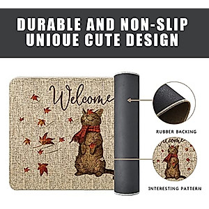GAGEC Fall Welcome Door Mat Cat Outdoor Rug Maple Leaf Doormat Entrance Rugs Autumn Farmhouse Home Kitchen Bathroom Decorations Floor Front Door Mats 17 x 27 Inch