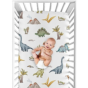 Sweet Jojo Designs Watercolor Dinosaur Dino Baby Boy Fitted Crib Sheet Infant Newborn Nursery Toddler Bed Room Standard Mattress Green Slate Blue White Modern Dinosaurs Jurassic Nature Animal Steel