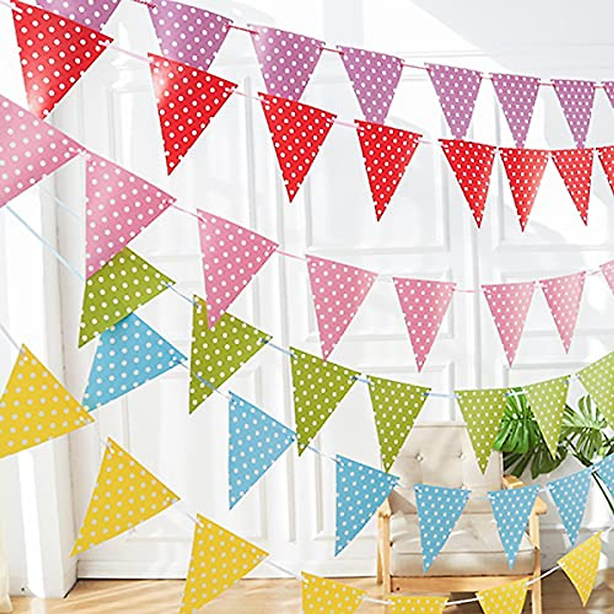 98FT Pennant Banner 6Pack 72PCS Triangle Flags Paper Pennant Bunting Garland Polka Dot Print Pennant Hanging Triangle Flags for Theme Party Decorations Supplies