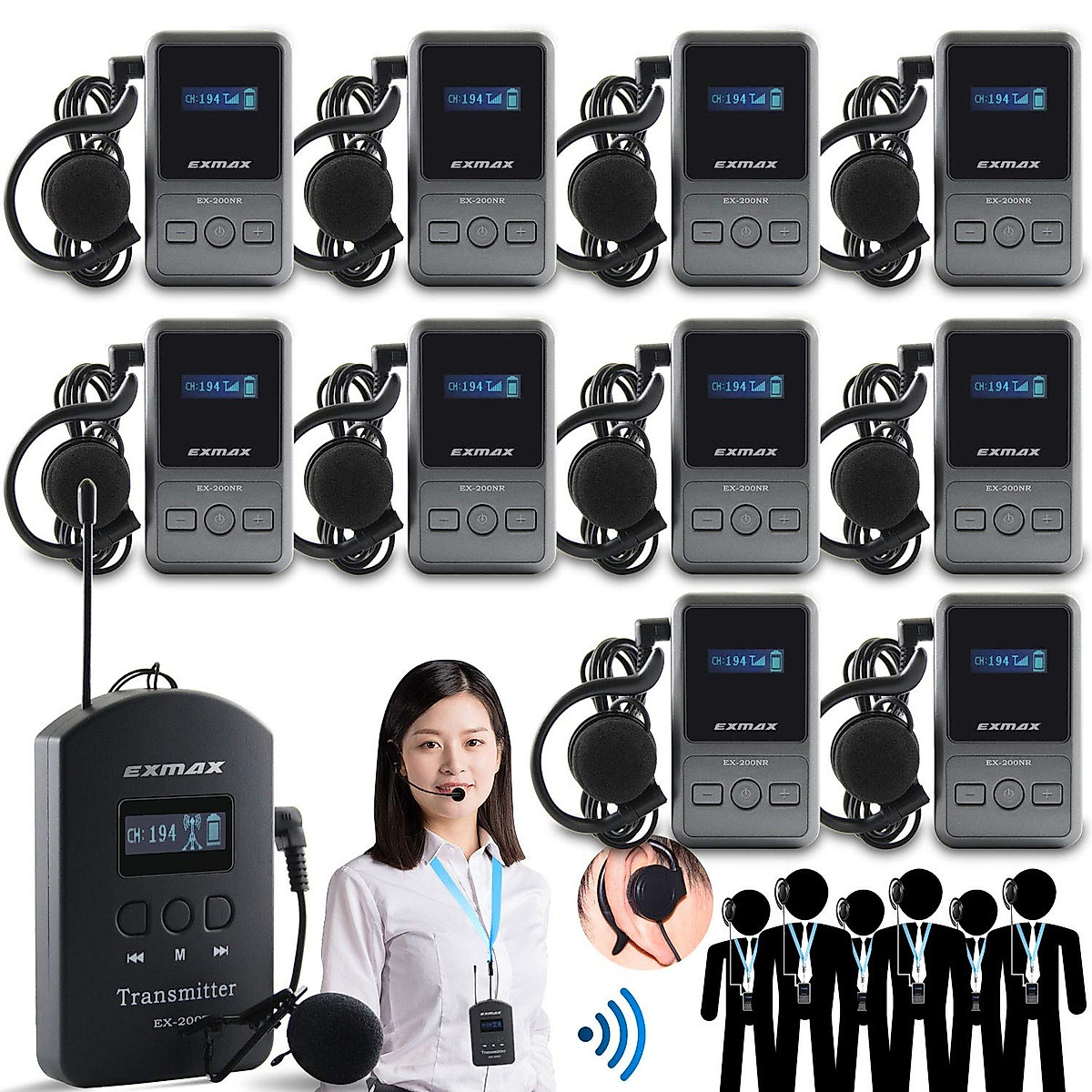 EXMAX EX-200N UHF Wireless Tour Guide Audio Voice Transmission Set Hands-free Transmitter Receiver 200 Channels for Church Translation, Presentation, Silent Conference - 1 Transmitter & 10 Receivers