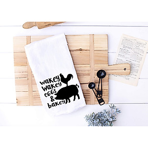 Handmade Funny Kitchen Towel - 100% Cotton Hand Towel Wakey Wakey Eggs and Bakey - 28x28 Inch Perfect for Chef Housewarming Christmas Mother’s Day Birthday Gift (Wakey Wakey Eggs and Bakey)