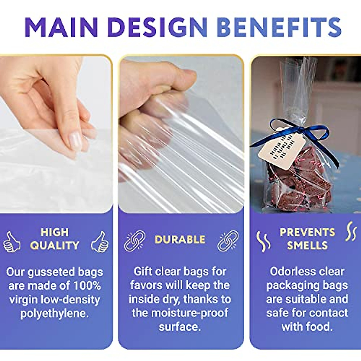 APQ Clear Gusseted Poly Bags 5 x 3 x 15 Inch, Pack of 100 Plastic Bread Bags, 2 Mil Thick Open Top Clear Plastic Bags for Packaging, Waterproof Clear Treat Bags for Bread, Cookies, Candies