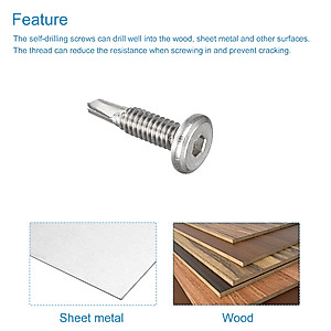 uxcell Hex Socket Self Tapping Screws, 1/4 x 1 410 Stainless Steel Sheet Metal Flat Head Drilling Screw 50pcs, Silver