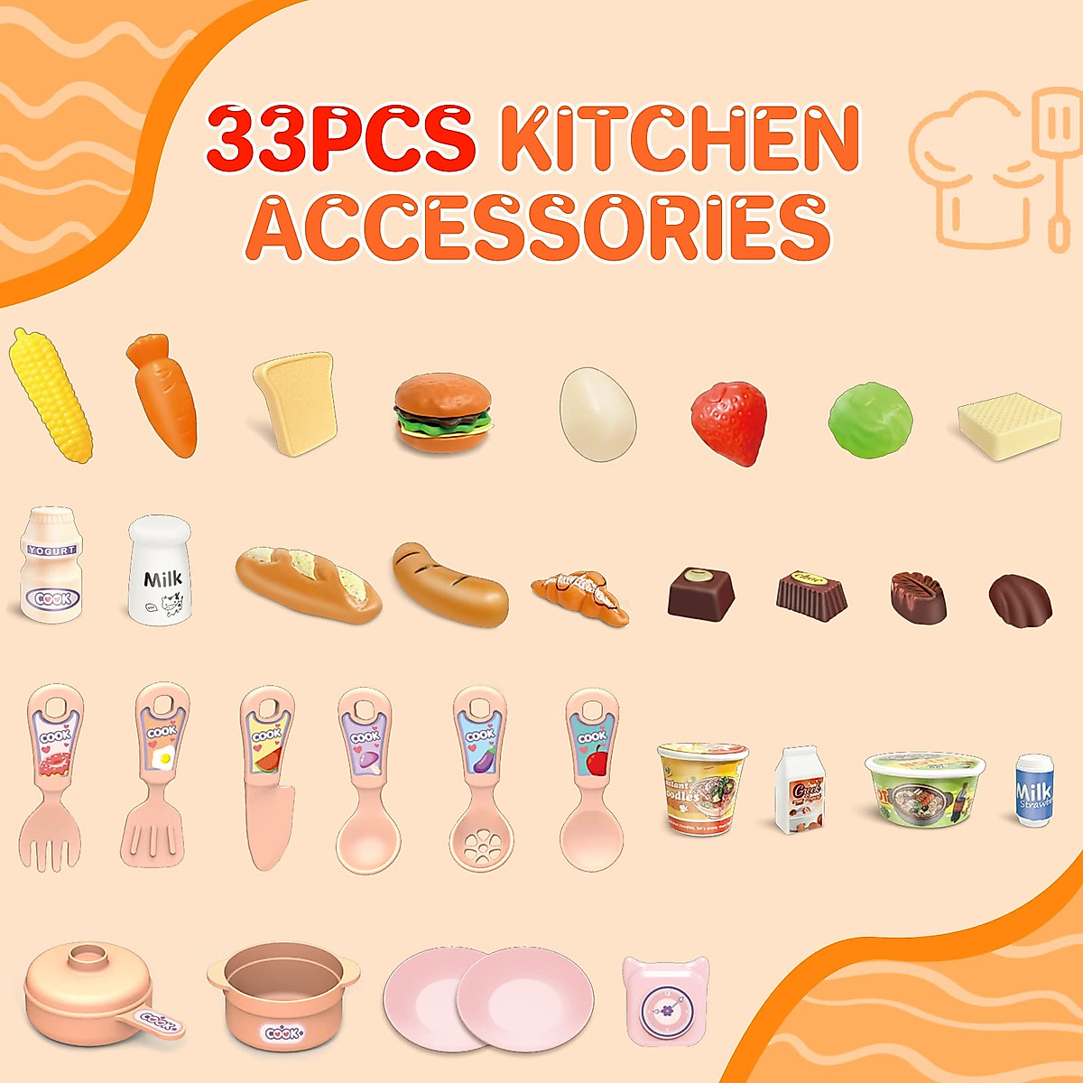 deAO Mini Kitchen Playset Toy,33 PCS Play Kitchen with Realistic Steam and Lights, Role Playing Game Pretend Food and Cooking Playset, Mini Kitchen Accessories Set for 3 4 Girls Boys