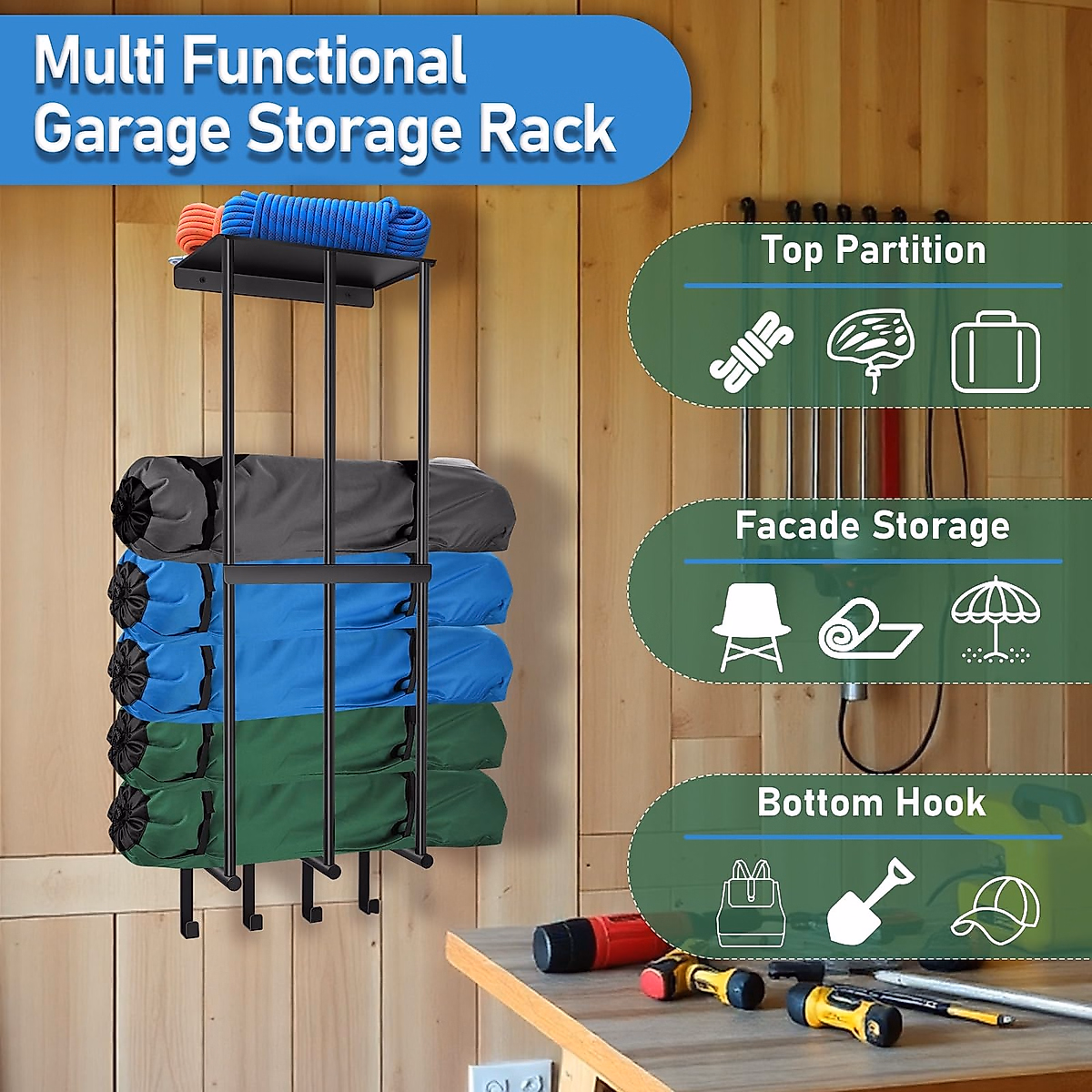 PUMHUBO Camping Chair Wall Storage for Garage - Metal Beach Lawn Chair Rack, Garage Storage and Organization Shelves, Wall Mounted Umbrella Storage Rack Holder with Floating Shelf and 4 Hooks Black