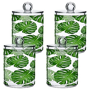 Kigai Tropical Palm Leaves Qtip Holder Dispenser - 14OZ Clear Plastic Apothecary Jars Food Storage Jar with Lids Bathroom Canister Organizer for Coffee, Tea, Candy, Floss (2Pack)