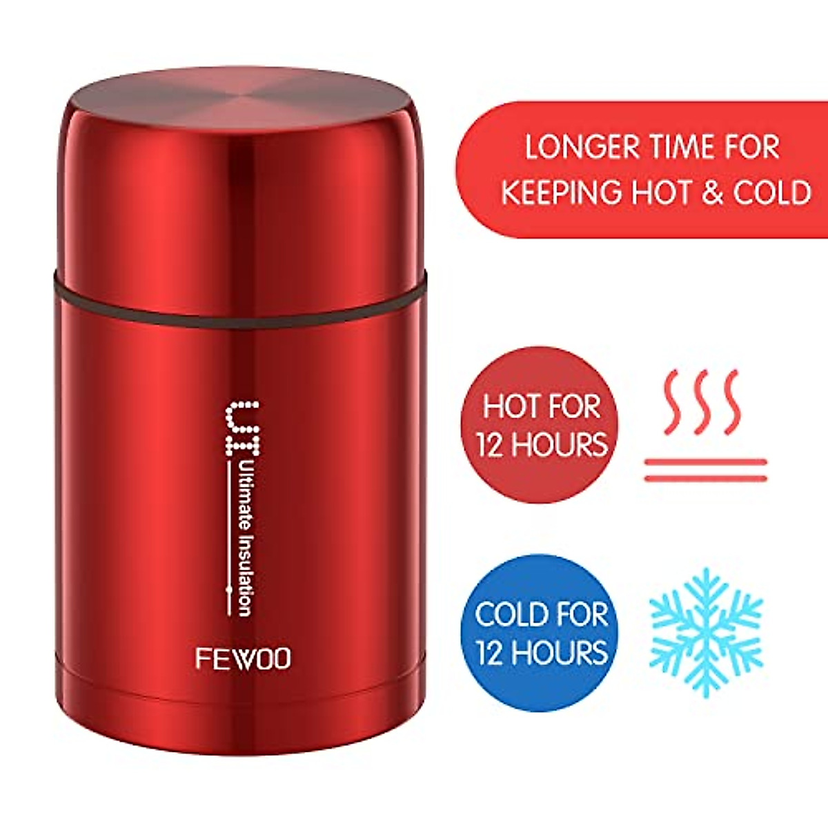 FEWOO Food Jar - 27oz Vacuum Insulated Stainless Steel Lunch Thermos, Leak Proof Soup Containers with bag for Hot or Cold Food (Red)