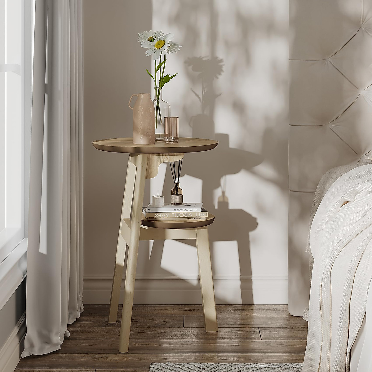 ChooChoo Round End Table Set of 2, Narrow Side Table for Small Spaces, Accent Table Night Stand with 2 Tier Shelf for Bedroom and Living Room, Natural