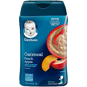 Gerber Probiotic Oatmeal and Peach Apple cereal helps expose babies to new tastes while providing essential nutrition. Gerber cereals have iron to help support learning ability as well as Calcium, Vitamins C and 6 B Vitamins for healthy growth.