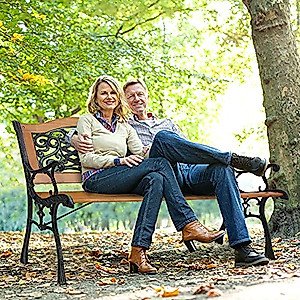 KTHUSS Garden Bench Park Bench Outdoor Bench for Outdoors 50 inch Metal Porch Chair Cast Iron Hardwood Furniture,for Park Yard Patio Deck Lawn