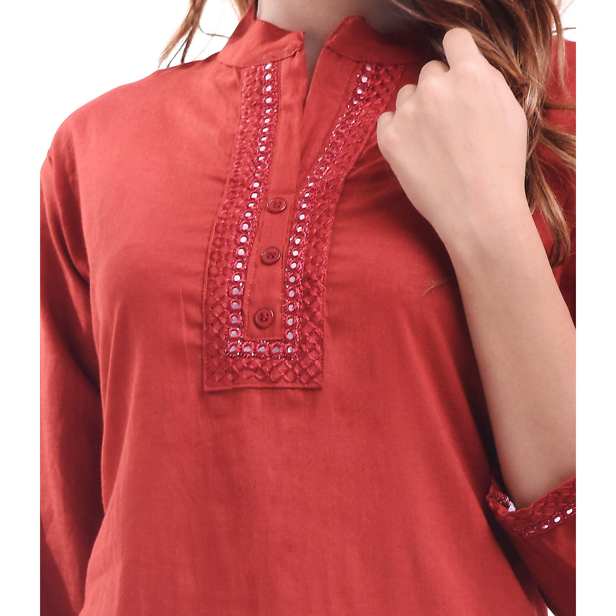 Indian Women's Plain Cotton Kurti Red Top By Chichi, XX-Large