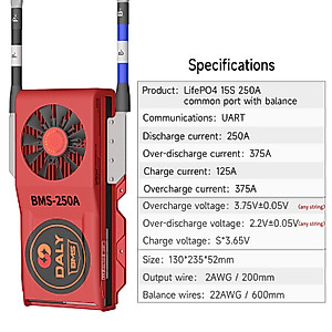 DALY Bluetooth BMS Lifepo4 48V 250A 15S Battery Protection Board with Smart Communiation Function UART Cooling Fan for DIY Camping RV Energy Supply System(Smart BMS,250A Fan)