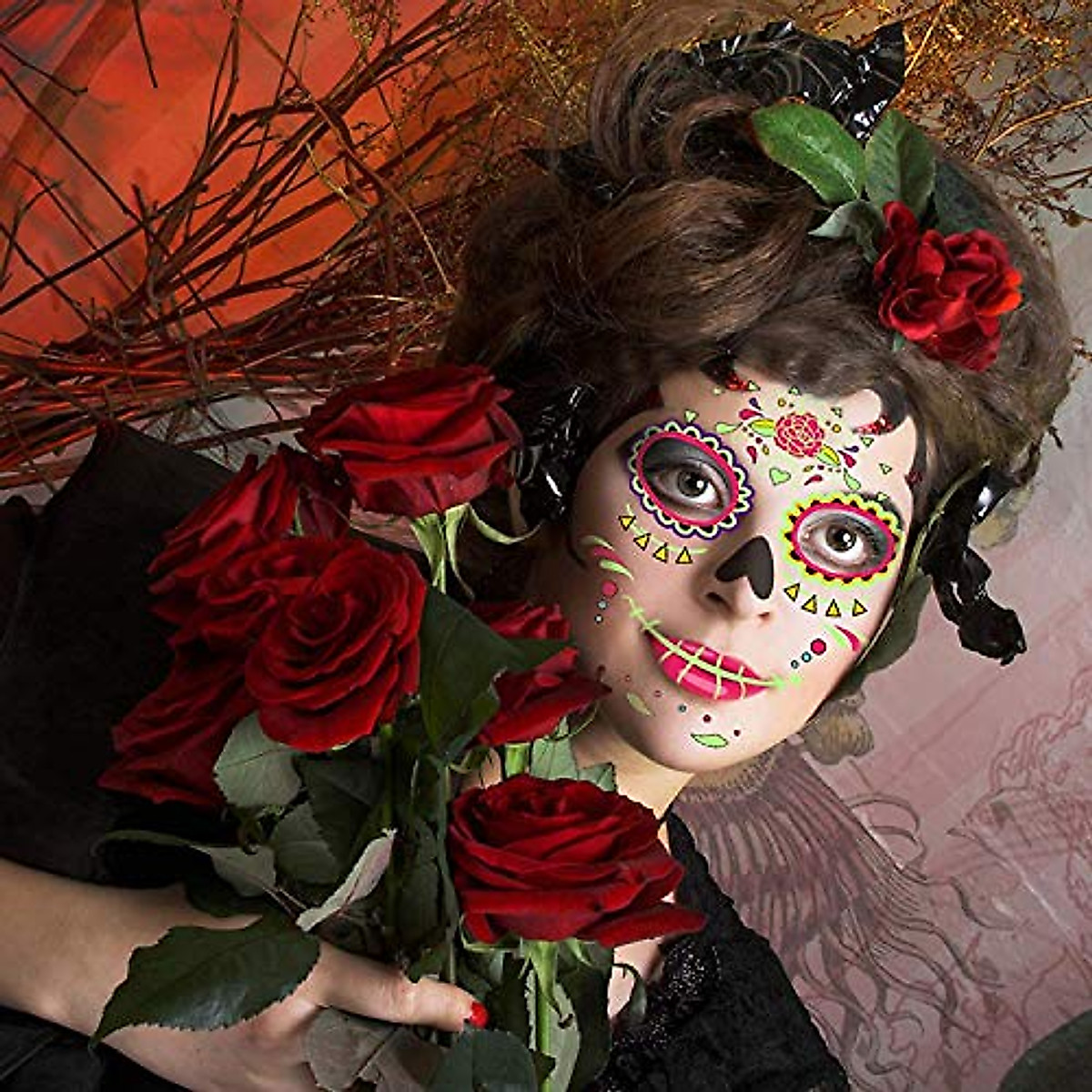 Temporary Face Tattoos, 6 sheets Day of the Dead Decorations Glow in The Dark,Sugar Skull Stickers Halloween Makeup for Men and Women (Face Tattoos)