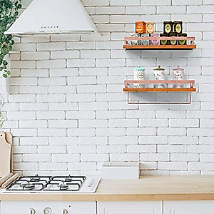 GeekDigg Floating Bathroom Shelves, Wall Shelf Set of 2 with Integrated Towel Bar, Floating Shelves Wood with Rose Gold Rails for Bedroom, Living Room, Bathroom, Kitchen, Office Storage