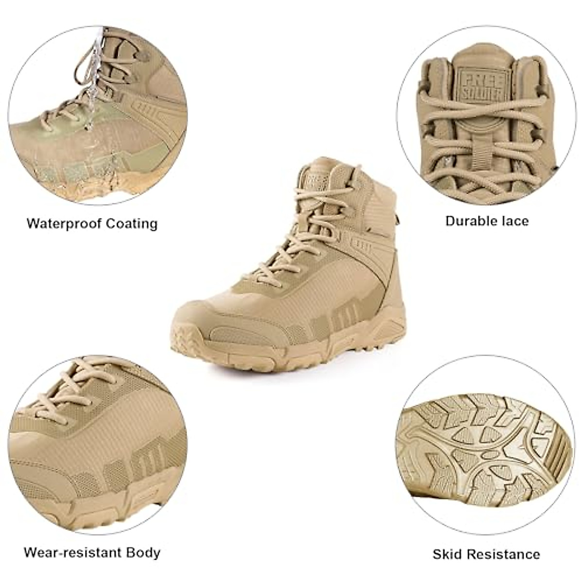 FREE SOLDIER Men's Waterproof Hiking Boots Lightweight Work Boots Military Tactical Boots Durable Combat Boots(Tan, 10 US)