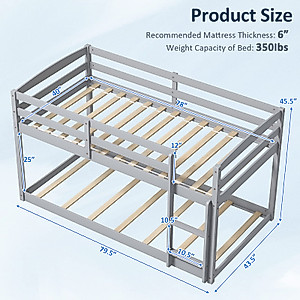 Giantex Twin Low Bunk Bed, Solid Wood Twin Over Twin Bunk Bed Frame with Full Guardrails & Integrated Ladder, Floor Twin Bunk Beds for Kids Boys and Girls, No Box Spring Needed, Grey