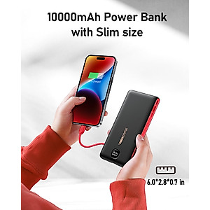 VEEKTOMX Portable Charger with Built in Cables 22.5W 10000mAh, Power Bank for iPhone with AC Wall Plug, Fast Charging USB C Slim Battery Pack with LED Display Compatible with iPhone15/14/13, Samsung