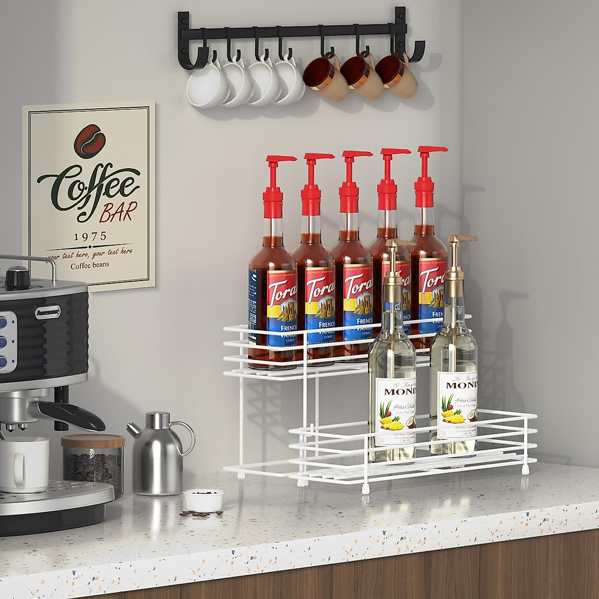 eipizx Coffee Syrup Organizer 2 Tier Syrup Bottle Holder Rack for Coffee Bar 10 Bottles White Wine Bottle Rack Coffee Syrup Stand Shelf for Syrup, Wine, Coffee Bar Organizer for Kitchen Coffee Shop