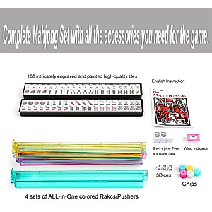 American Mahjong Game Set - Black Quilted Soft Bag 166 Premium Tiles with 4 All-in-One Rack/Pushers,100 Chips, Wind Indicator, English Manual. Easy Carry Complete Classic Mah-Jongg Set
