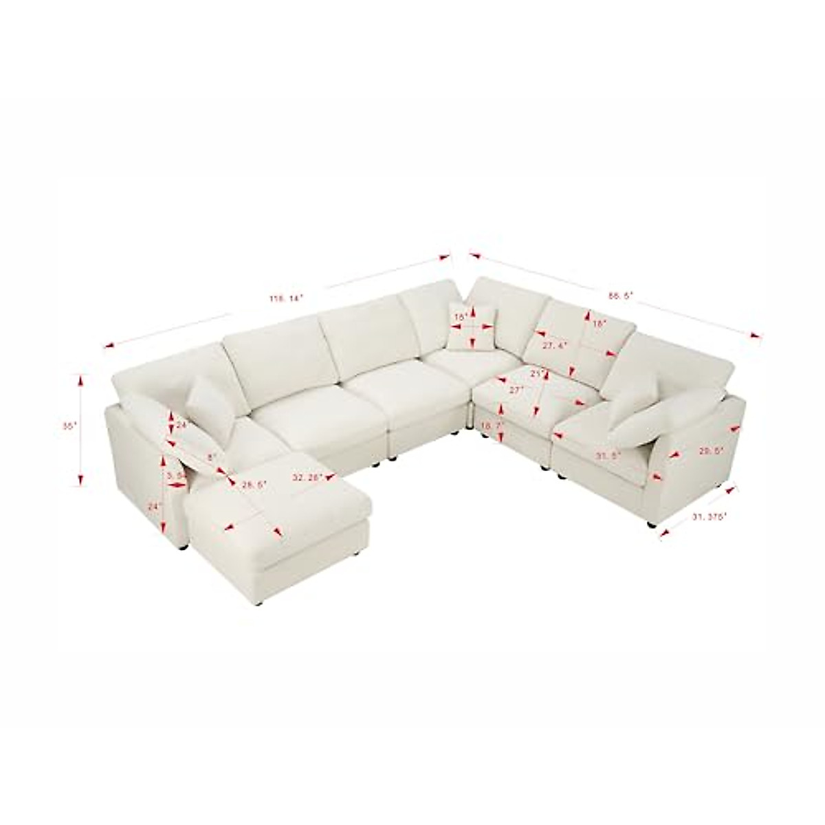 Oversized Modular Cushions Sectional Sofa Couch with Movable Ottoman ,L-Shaped Corner Low Back Deep Seat Spacious Sectional & Couch Convertible Sleeper Sofabed for House Apartment Living Room Sets