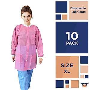 EZGOODZ Light Pink Disposable Lab Coats for Adults, X-Large. 10 Pack Medical PPE Coat. SPP 45 GSM Painting Lab Coat with Cuffs, Collar, Plastic Snaps, 3 Pockets. Splash-Proof Disposable Coats Medical