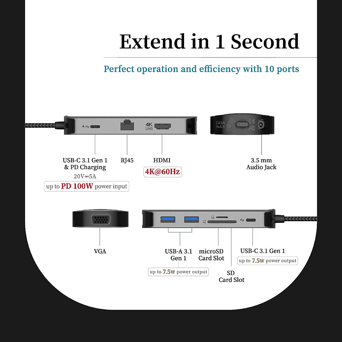 ADAM elements USB-C Hub/Laptop Docking Station – CASA Hub X 10in1 Multiport Adapter for Mac & PC - USB-C PD, USB-C, USB-A 3.1 x2, HDMI, VGA, RJ45, SD & microSD Card Reader, Audio