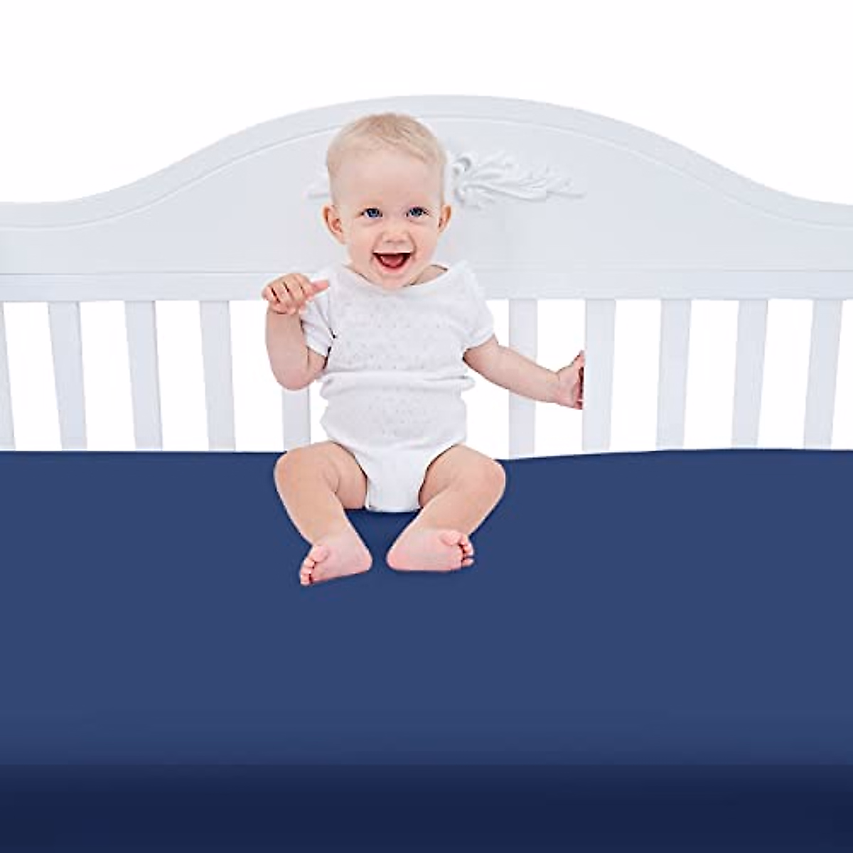 EXQ Home Fitted Baby Crib Sheets for Boys Girl, Standard Crib Mattress Sheet Soft Breathable Toddler Bed Sheets, Cozy Microfiber Toddler Cot Sheet (28x52x8in Navy Blue)