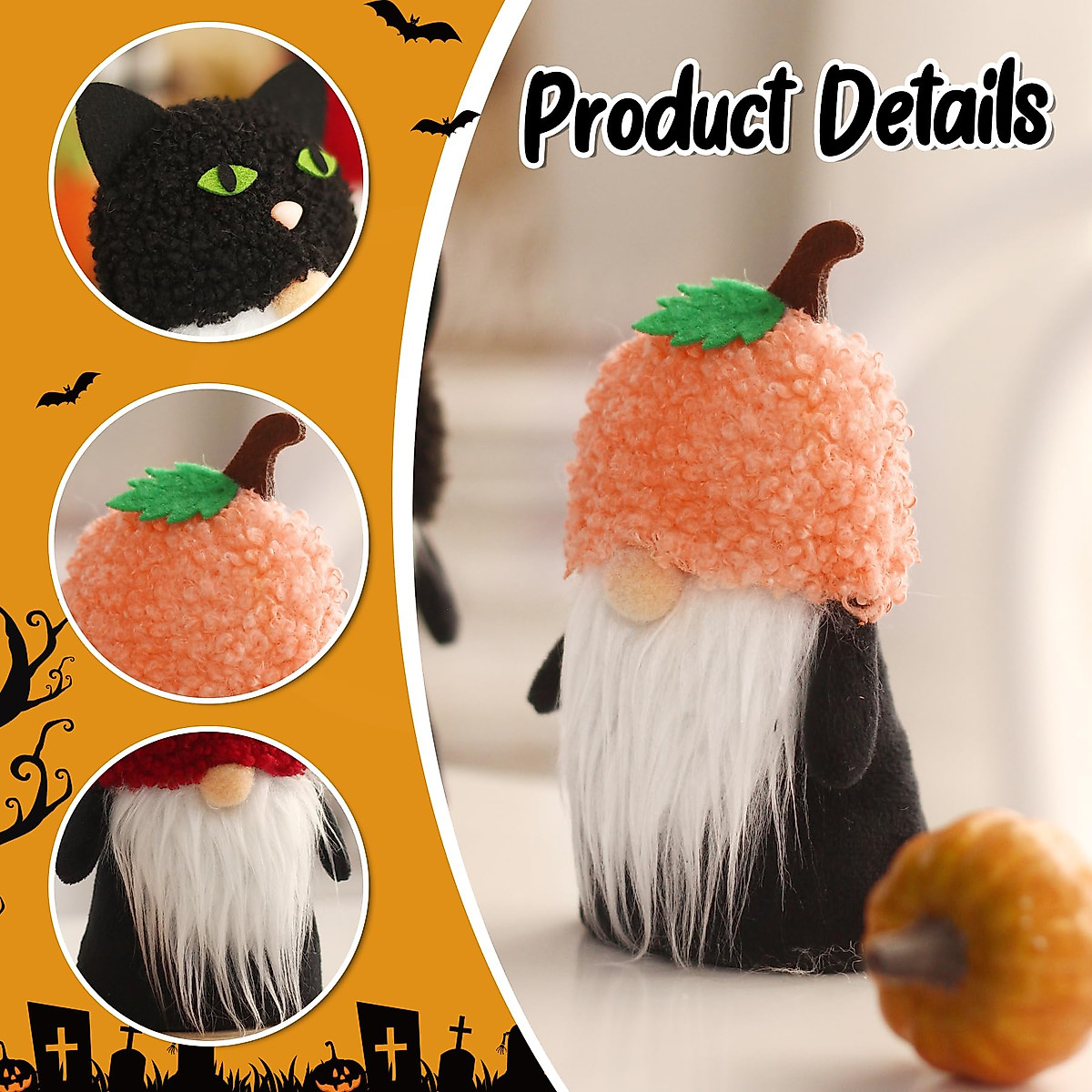 Kyhvoux Black Cat Gnomes Plush Decoration, 3 PCS Handmade Cute Elf Dolls Gift for Women Swedish Tomte Faceless Dwarf Winter Home Indoor Decor for Table Centerpieces Ornament Tiered Tray